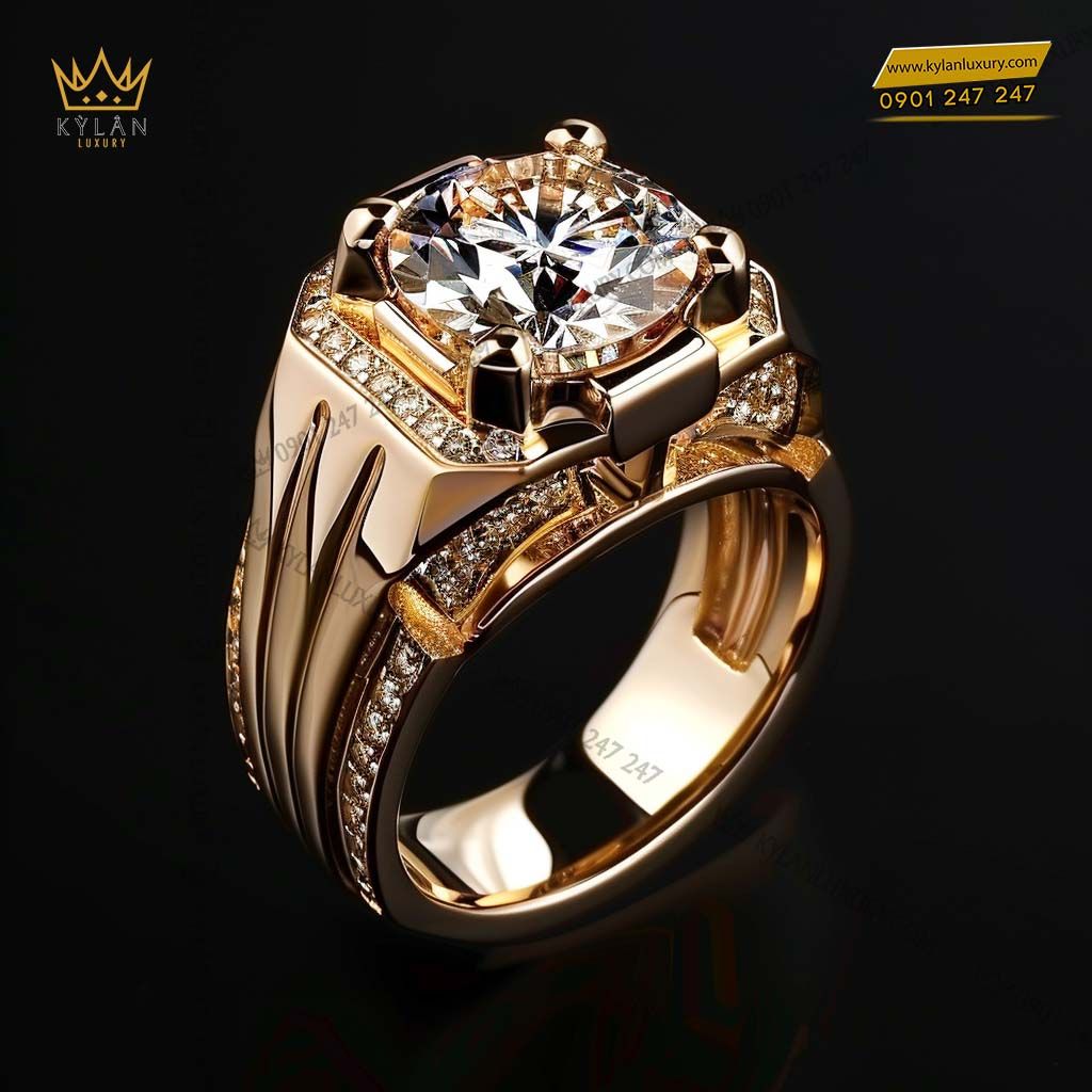 Nhẫn nam Dalziel vàng nguyên khối Au750 đính kim cương - Kỳ Lân Luxury