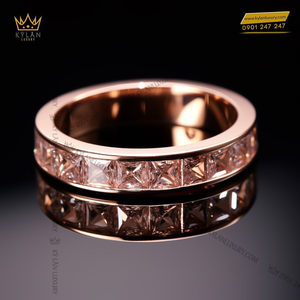 Nhẫn nữ vàng nguyên khối 18k Au750 đính kim cương princess - Kỳ Lân Luxury
