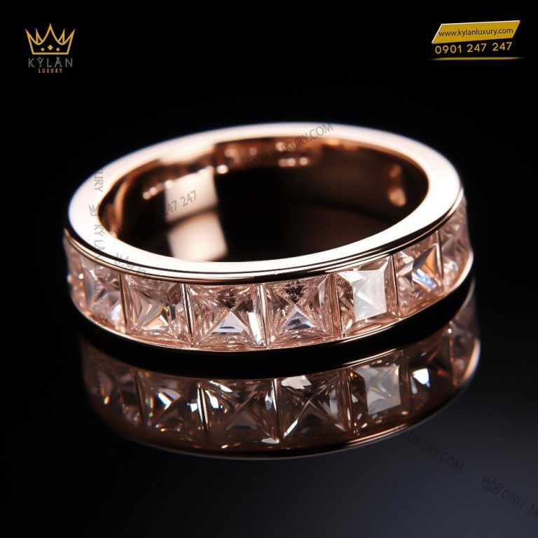 Nhẫn nữ vàng nguyên khối 18k Au750 đính kim cương princess - Kỳ Lân Luxury