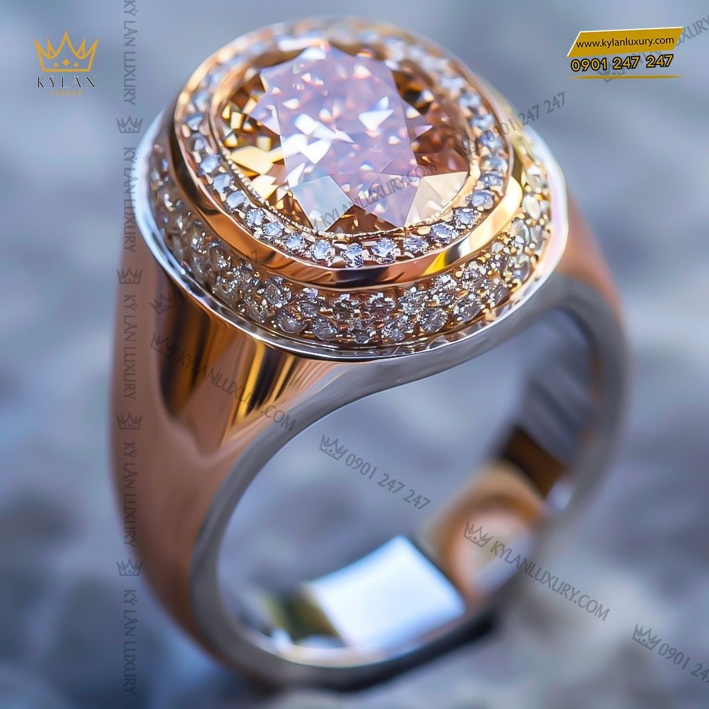 Nhẫn Royal vàng nguyên khối 18k Au750 đính đá quý - Kỳ Lân Luxury