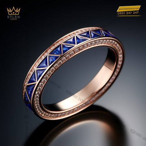 Nhẫn tròn vàng nguyên khối 18k Au750 đính đá quý blue - Kỳ Lân Luxury
