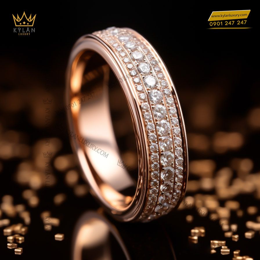 Nhẫn vàng nguyên khối 18k Au750 đính 3 hàng kim cương - Kỳ Lân Luxury