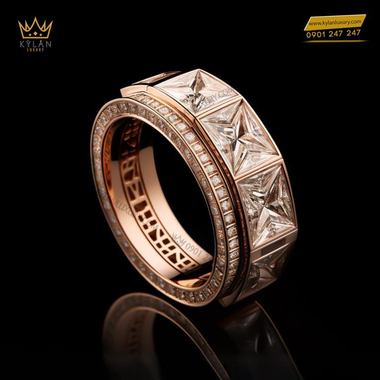 Nhẫn vàng nguyên khối 18k Au750 đính kim cương vuông - Kỳ Lân Luxury