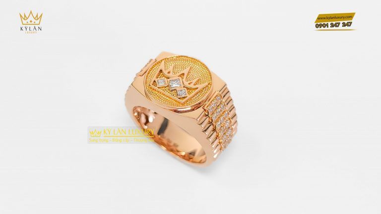 Nhẫn vàng nguyên khối đính kim logo KYLAN - Kỳ Lân Luxury
