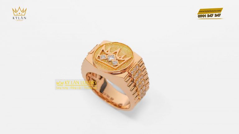 Nhẫn vàng nguyên khối đính kim logo KYLAN - Kỳ Lân Luxury