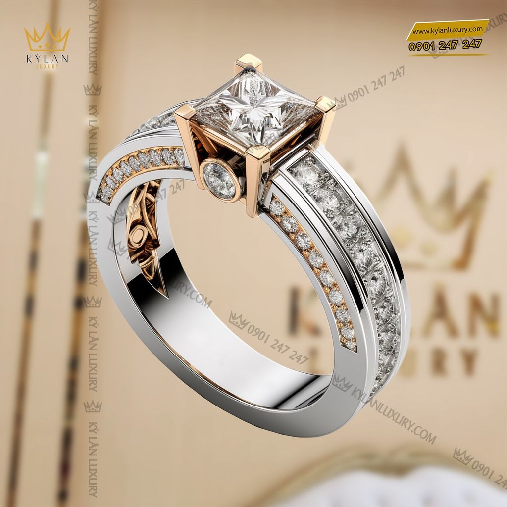 Nhẫn vàng trắng 18k Au750 mix vàng gold đính kim cương - Kỳ Lân Luxury