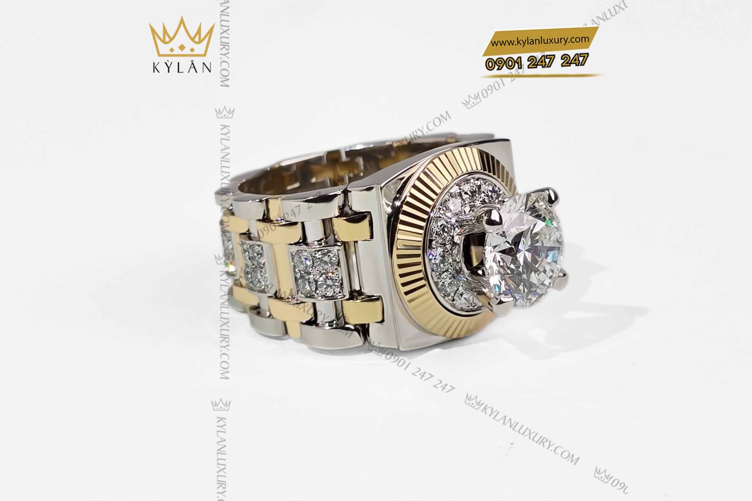 Nhẫn Rolex demi vàng nguyên khối Au750 đính viên chủ 8ly9