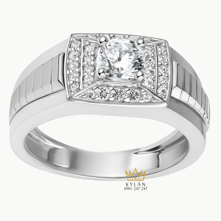 Nhẫn nam vàng trắng nguyên khối Au750 đính kim cương