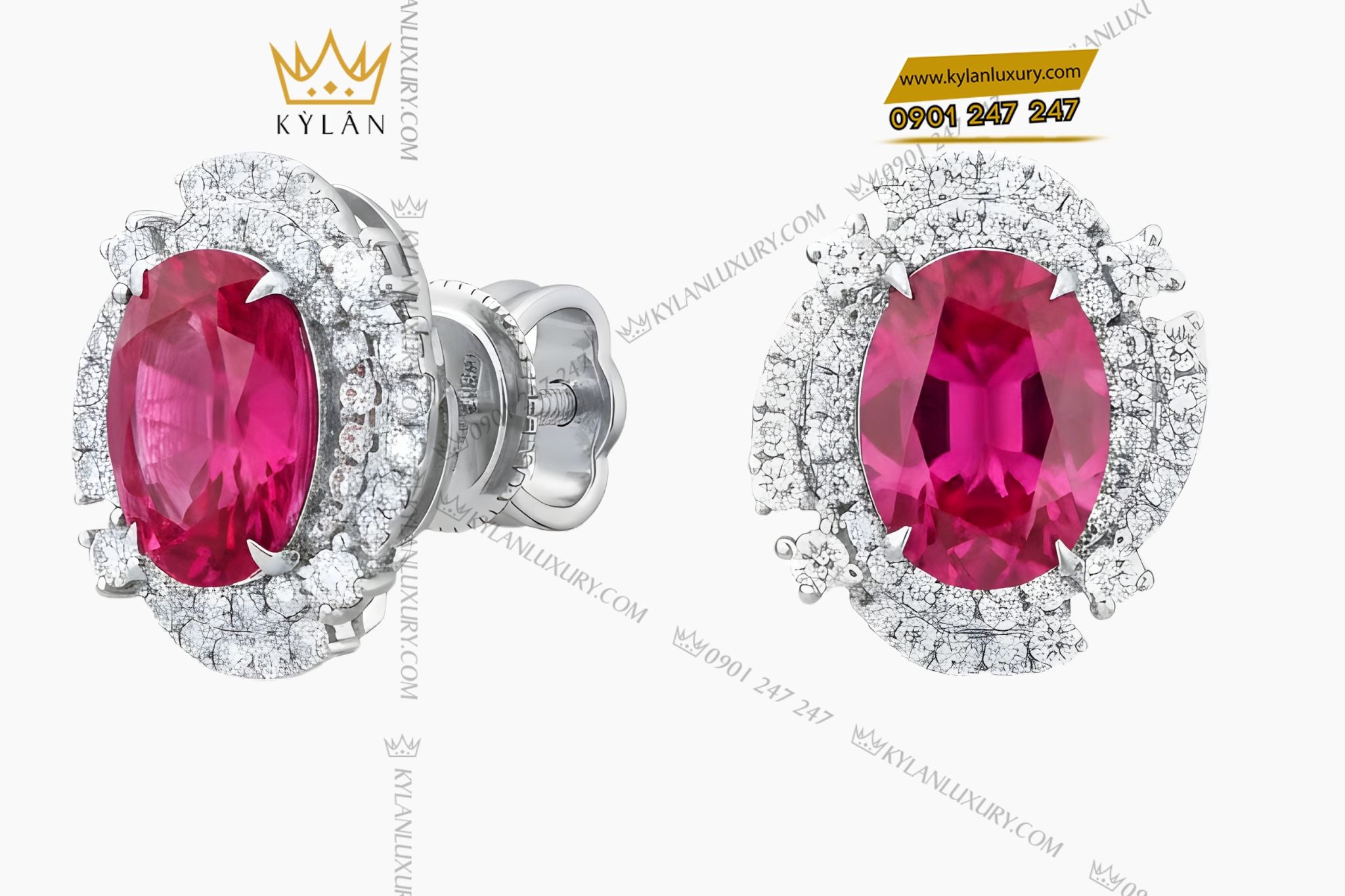 Bông tai vàng trắng Au750 đính kim cương và ruby hồng