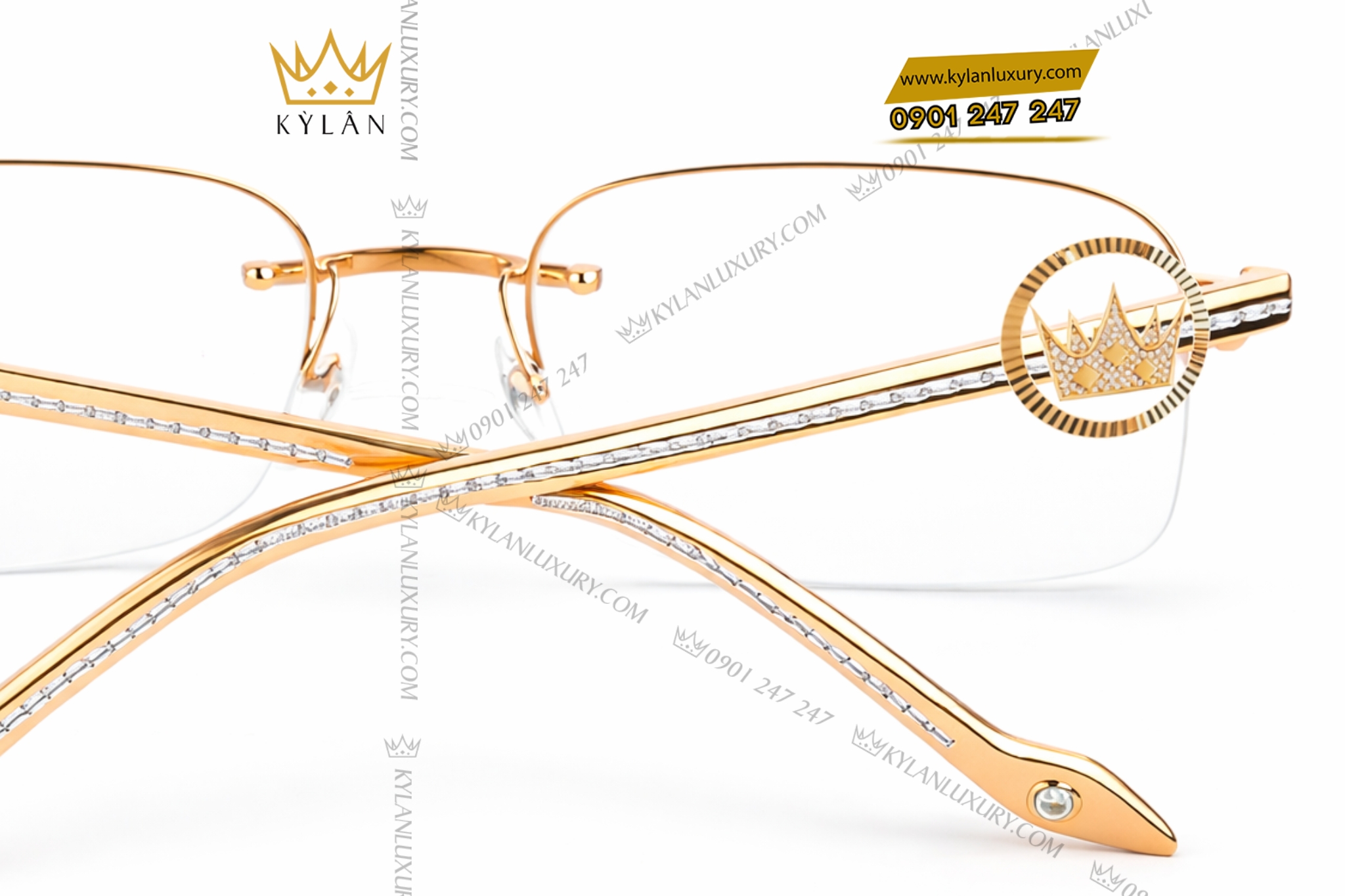 Mắt kính vàng hồng Au750 đính logo vương miện và kim cương baguette ...